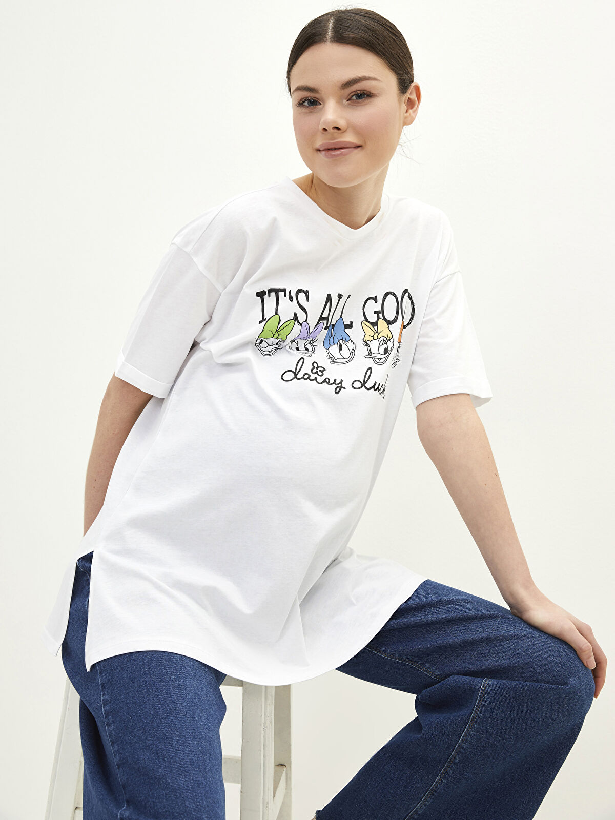 Bisiklet Yaka Daisy Duck Baskılı Kısa Kollu Pamuklu Hamile Tişört