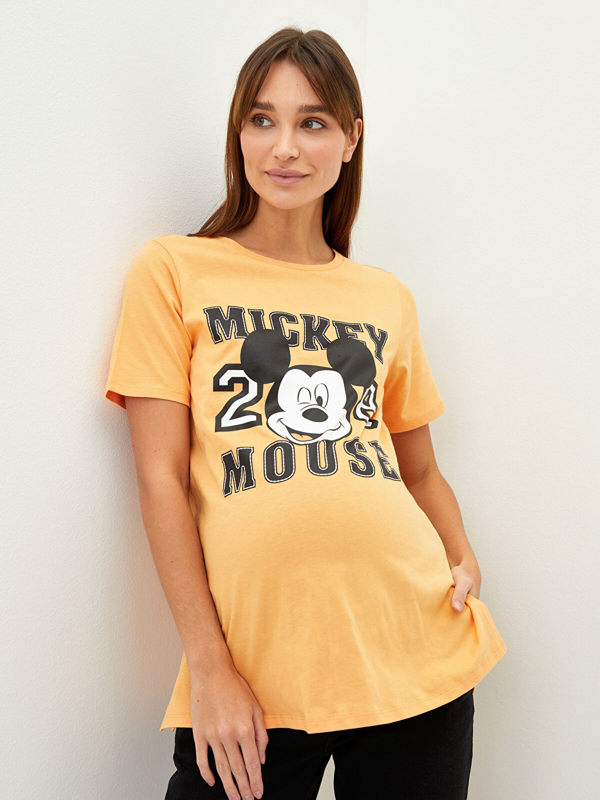 Bisiklet Yaka Mickey Mouse Baskılı Kısa Kollu Pamuklu Hamile Tişört