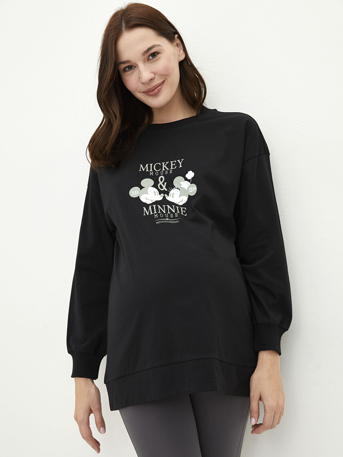 Bisiklet Yaka Mickey Mouse Baskılı Uzun Kollu Pamuklu Hamile Sweatshirt