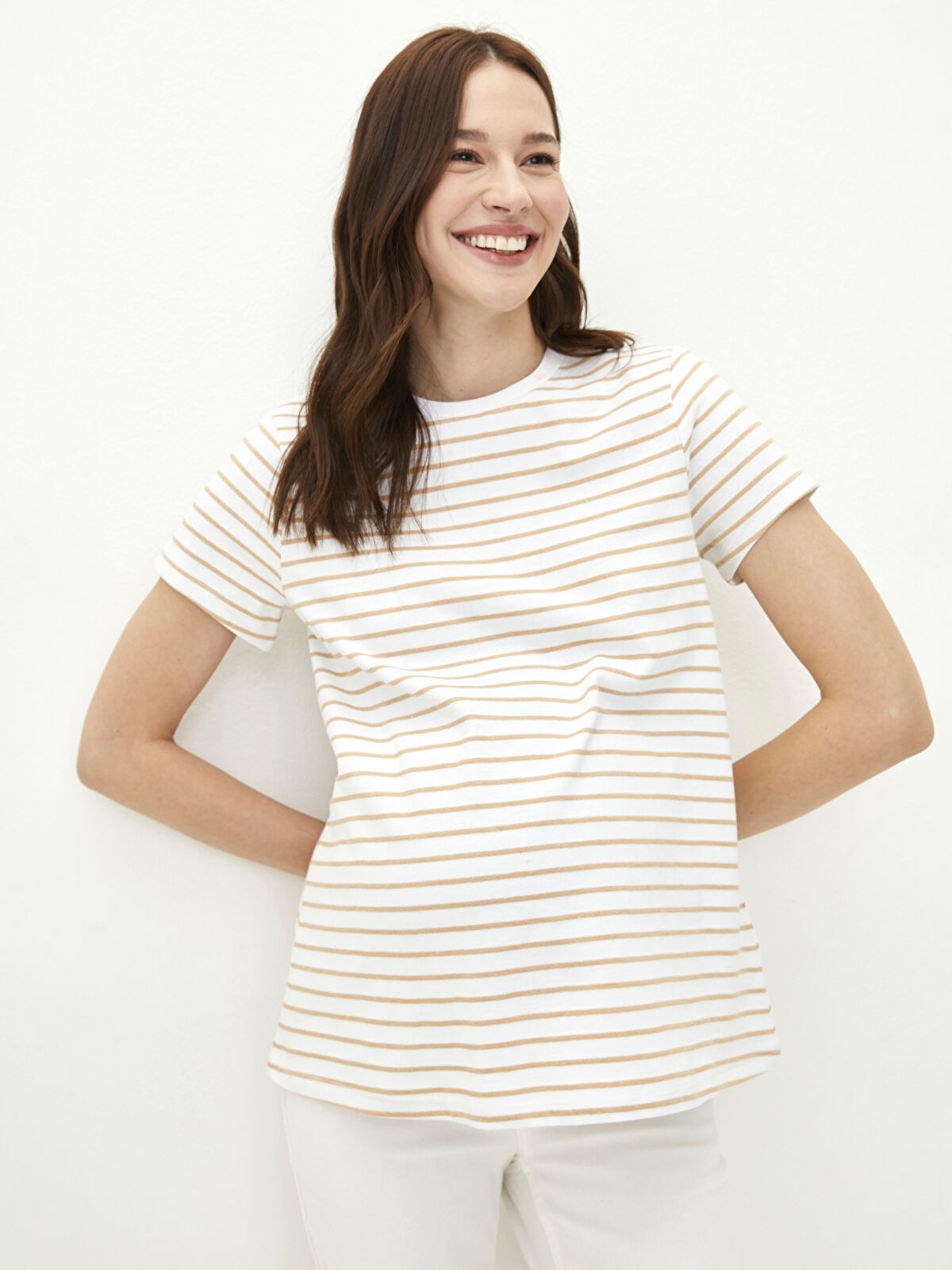 Bisiklet Yaka Çizgili Kısa Kollu Hamile Tişört