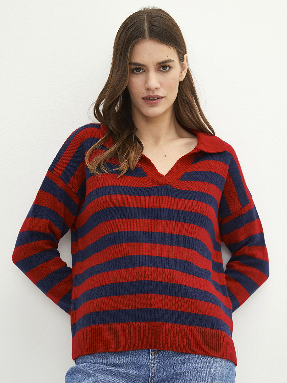 LCW CLASSIC Polo Yaka Çizgili Uzun Kollu Kadın Triko Kazak