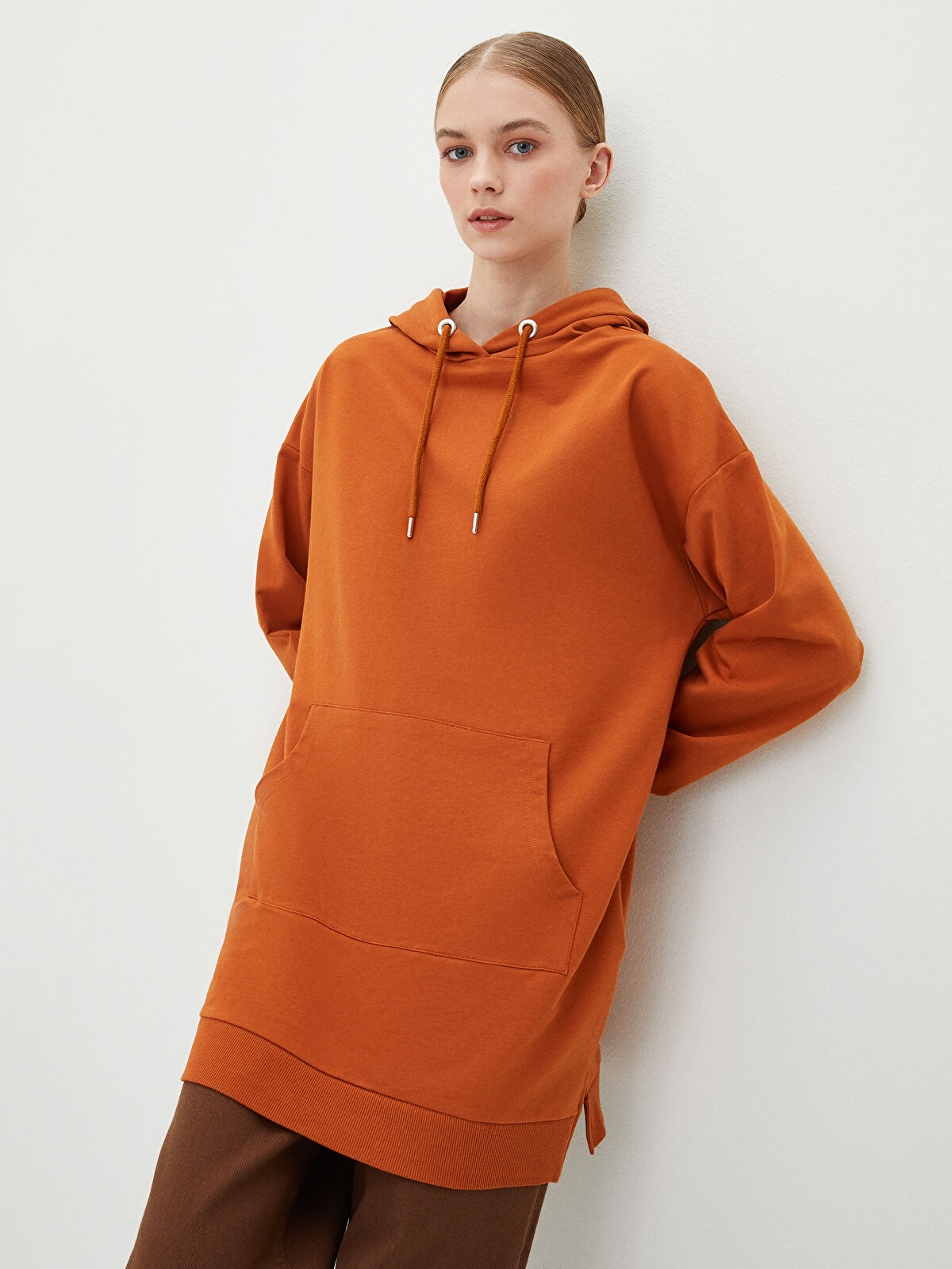 MODEST Kapüşonlu Düz Uzun Kollu Oversize Kadın Sweatshirt Tunik