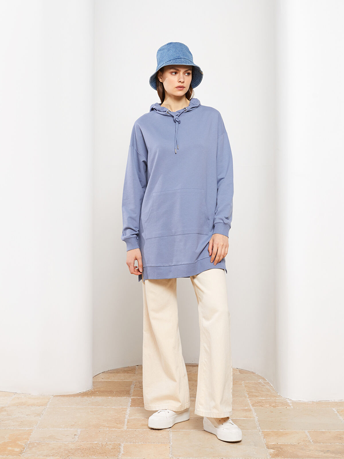MODEST Kapüşonlu Düz Uzun Kollu Oversize Kadın Sweatshirt Tunik