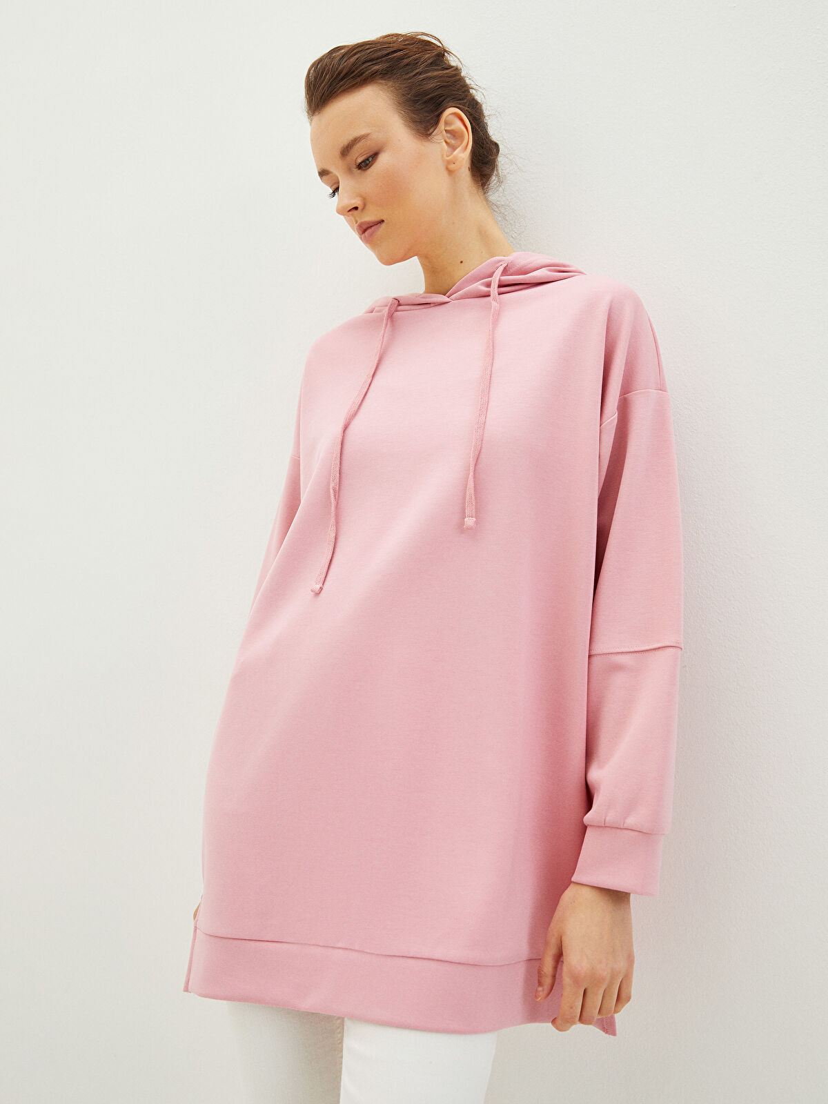 MODEST Kapüşonlu Düz Uzun Kollu Oversize Kadın Sweatshirt Tunik