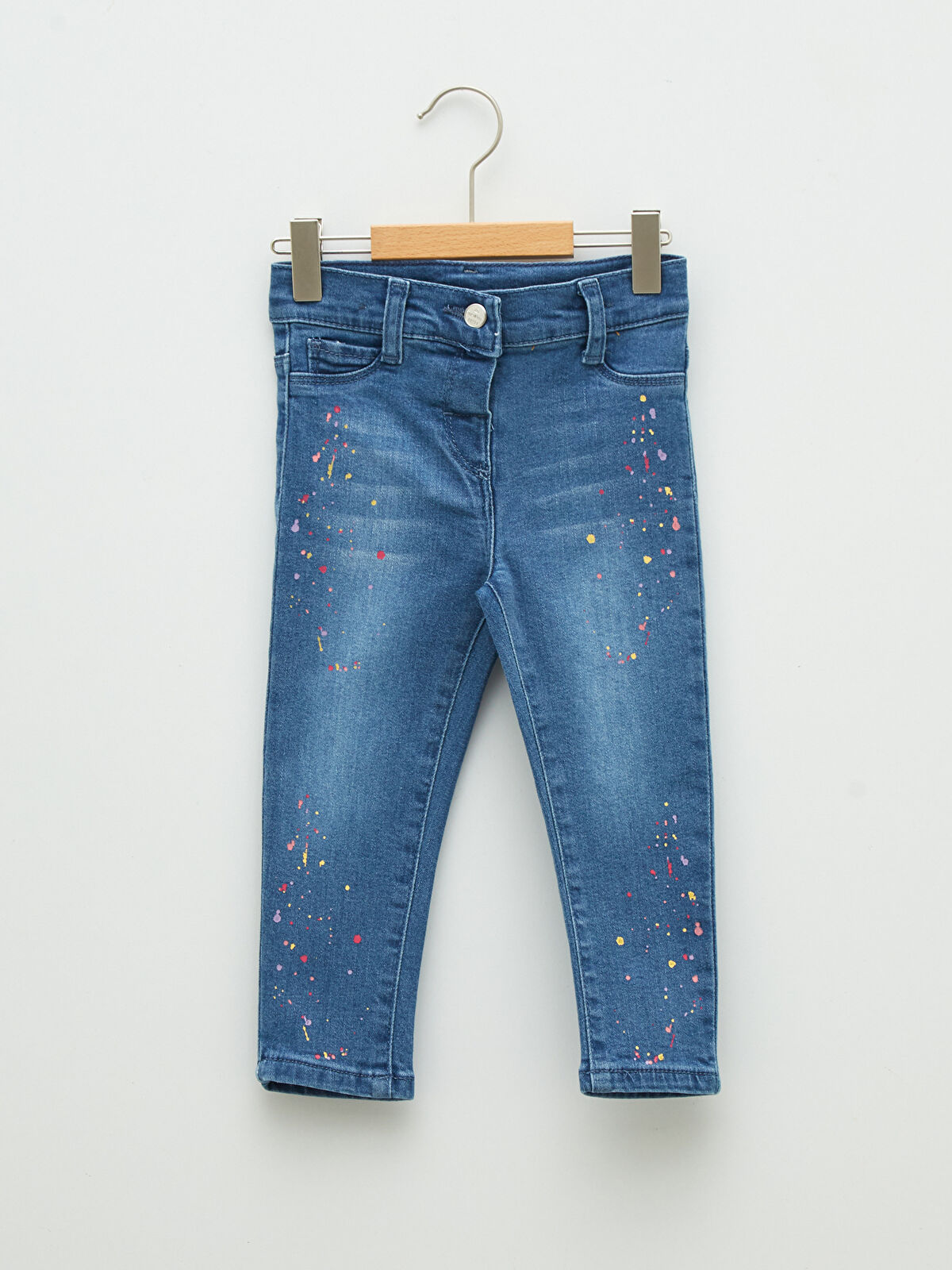 Beli Lastikli Baskılı Pamuklu Kız Bebek Jean Pantolon