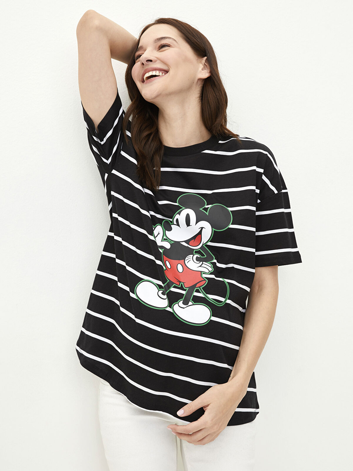 Bisiklet Yaka Mickey Mouse Baskılı Kısa Kollu Pamuklu Hamile Tişört