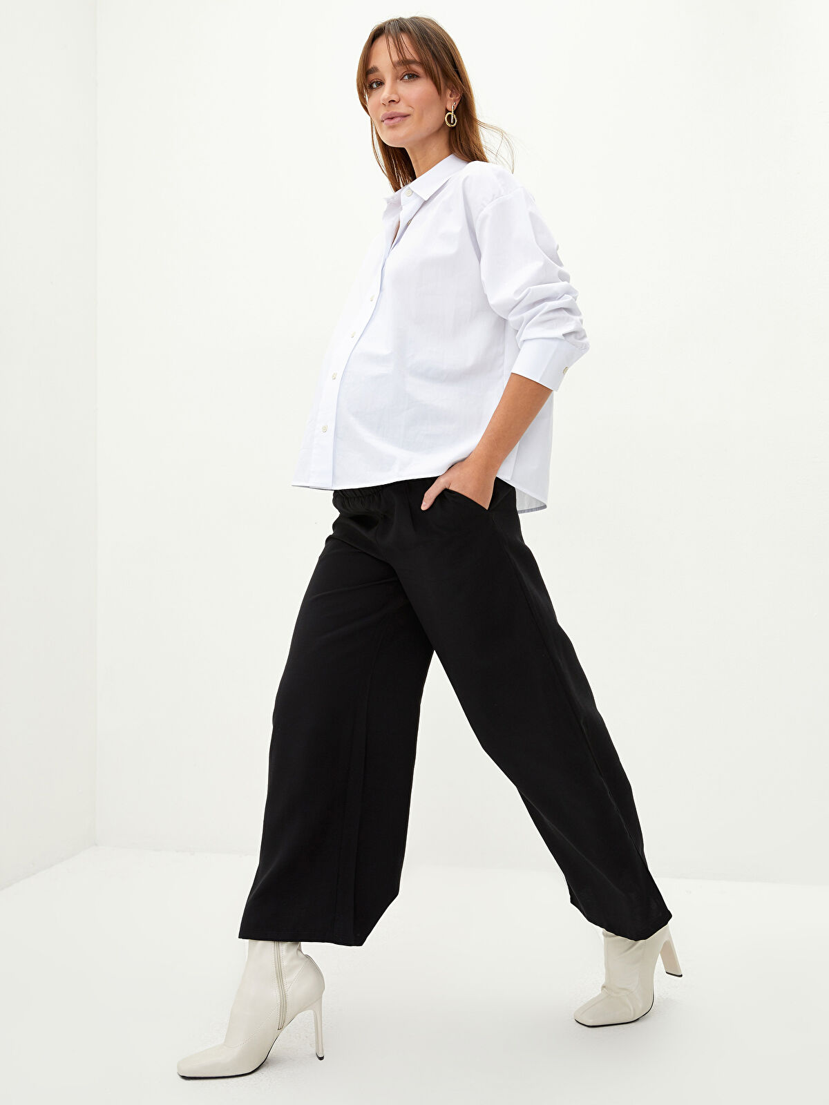 Karın Panelli Düz Cep Detaylı Geniş Paça Tencel Hamile Pantolon