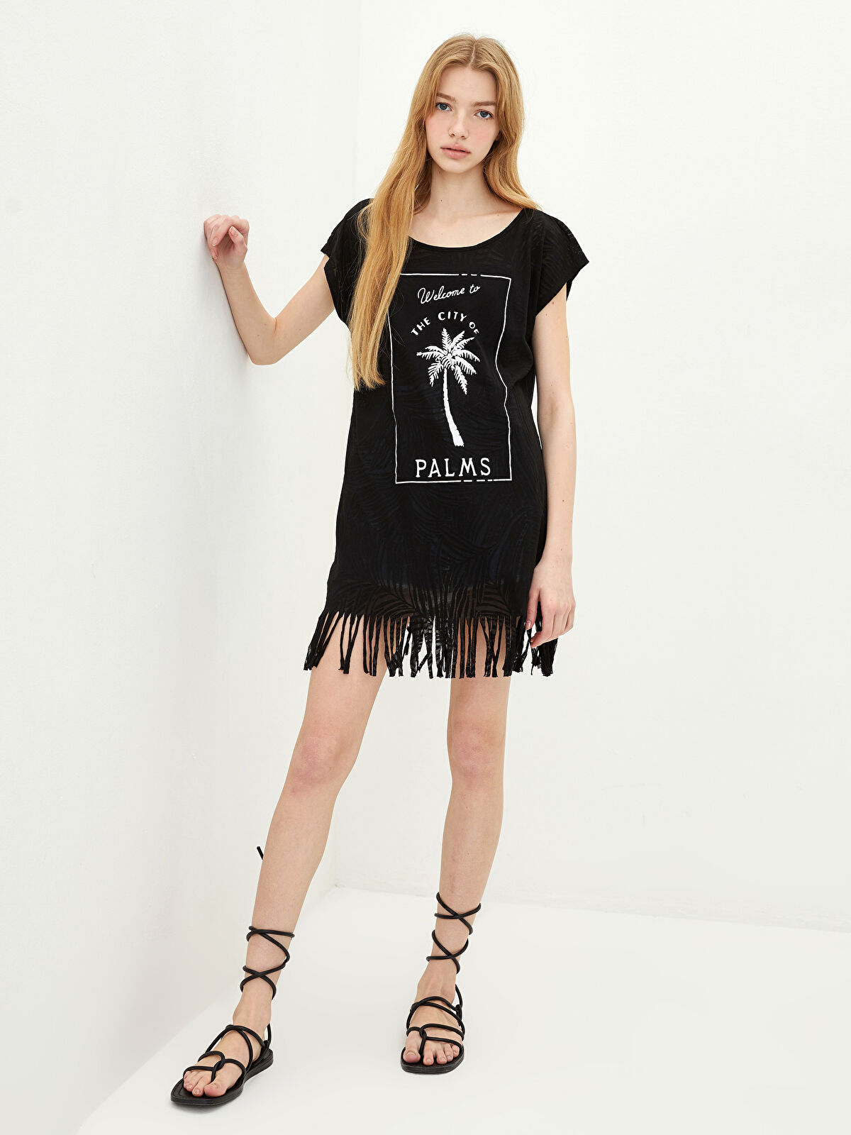 LCW DREAM Bisiklet Yaka Baskılı Kısa Kollu Kadın Plaj Elbisesi