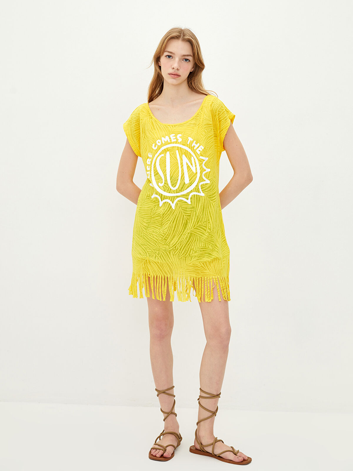 LCW DREAM Bisiklet Yaka Baskılı Kısa Kollu Kadın Plaj Elbisesi