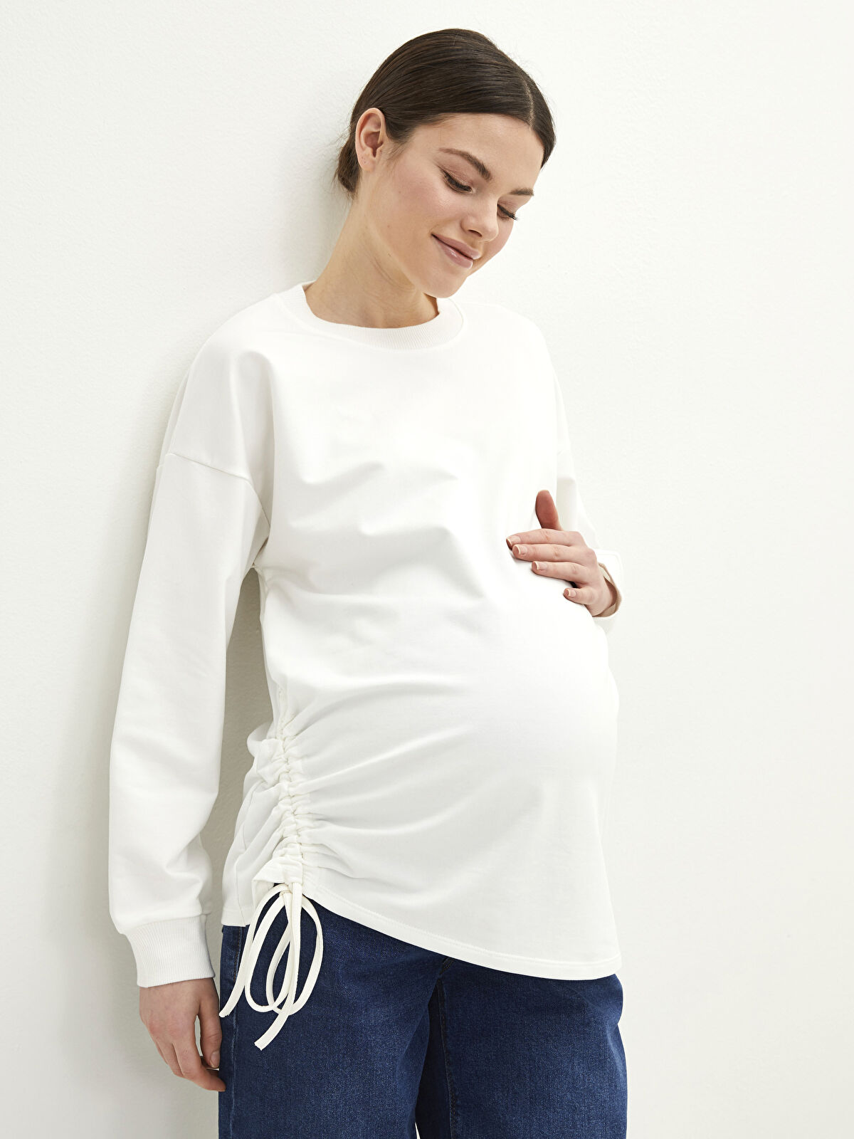 Bisiklet Yaka Düz Büzgü Detaylı Uzun Kollu Hamile Sweatshirt