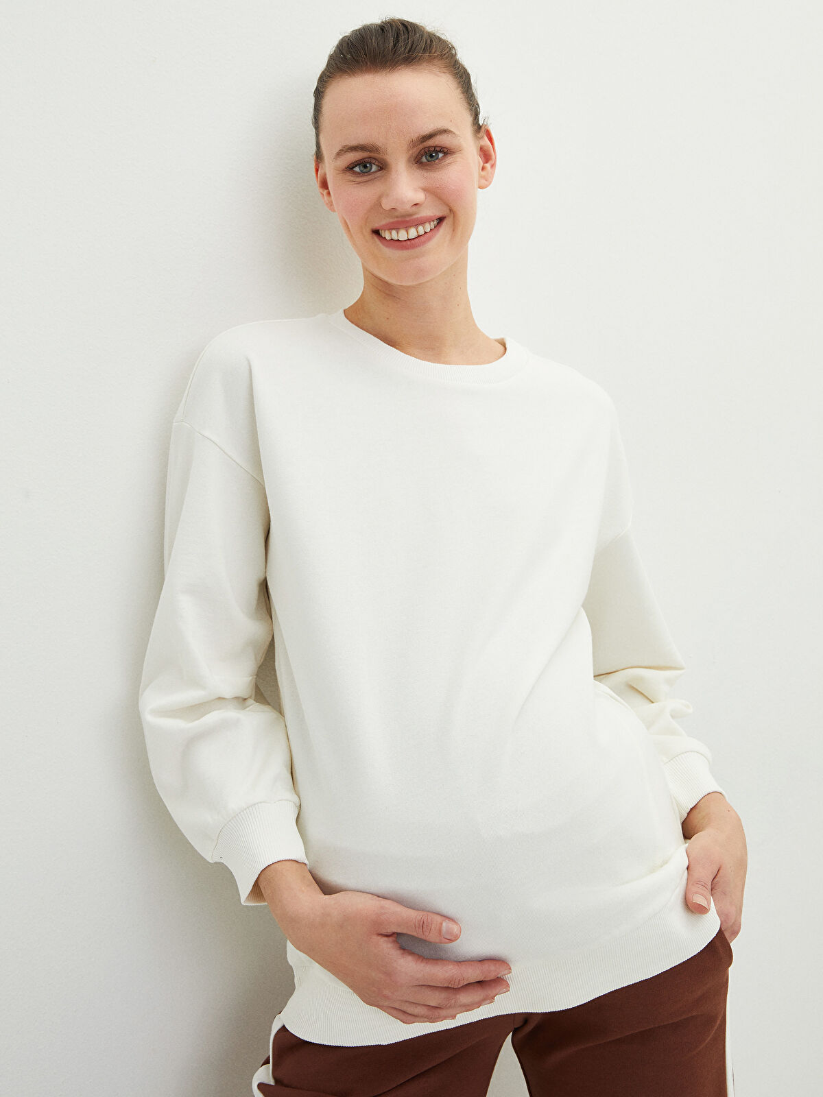 Bisiklet Yaka Düz Uzun Kollu Pamuklu Hamile Sweatshirt