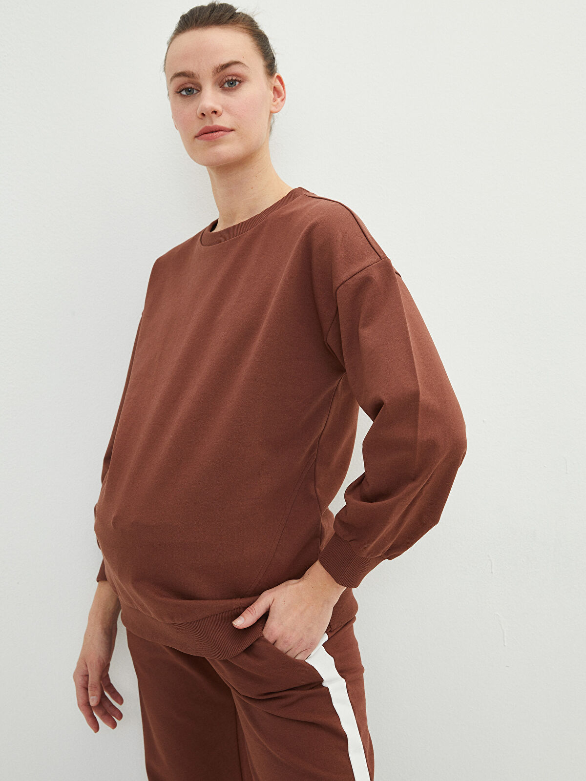 Bisiklet Yaka Düz Uzun Kollu Pamuklu Hamile Sweatshirt