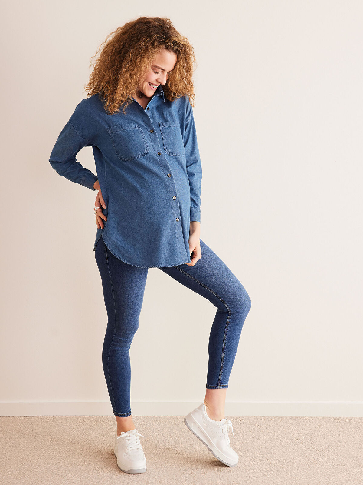 Önden Düğme Kapamalı Düz Uzun Kollu Hamile Jean Gömlek