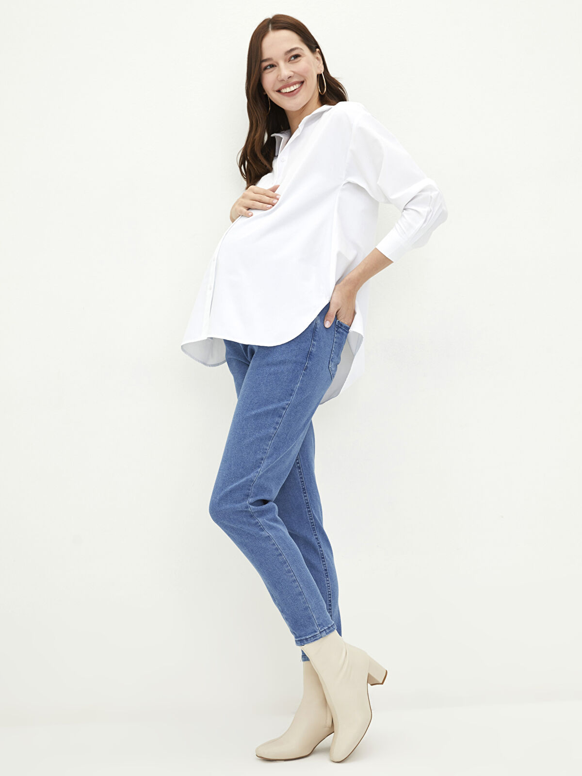 Beli Lastikli Rahat Kalıp Cep Detaylı Hamile Jean Pantolon