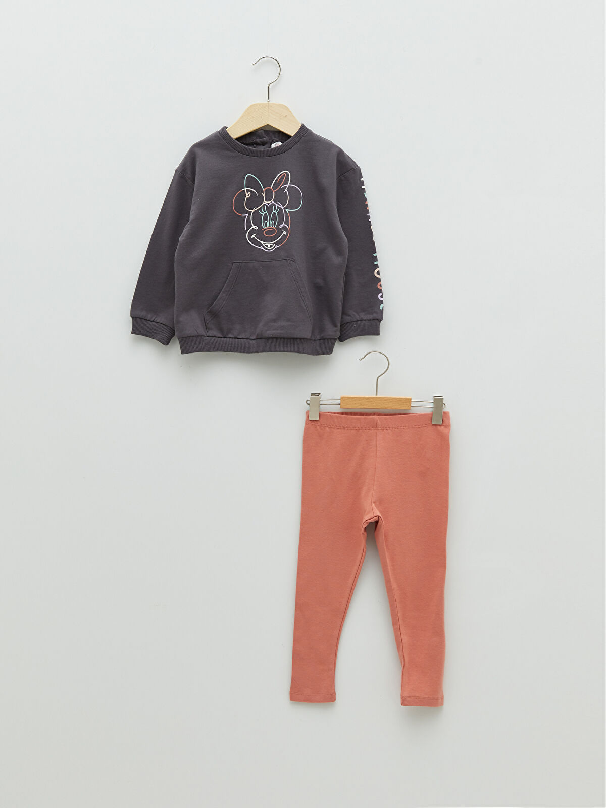 Bisiklet Yaka Uzun Kollu Minnie Mouse Baskılı Kız Bebek Sweathirt ve Tayt 2'li