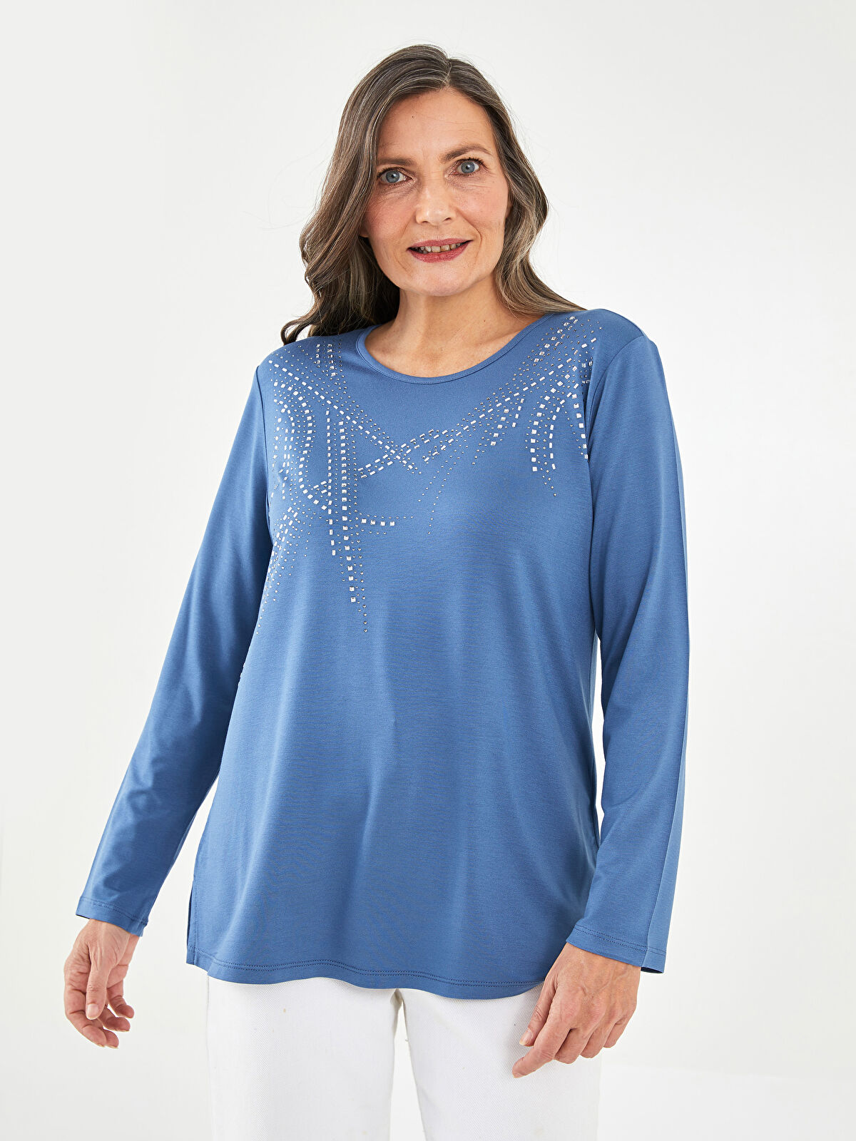 LCW GRACE Bisiklet Yaka Parlak Taş Baskılı Uzun Kollu Kadın Tişört