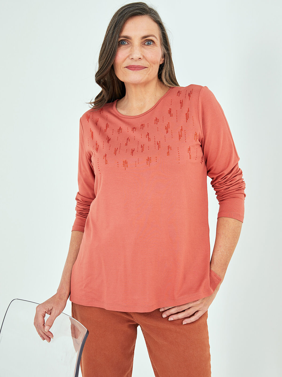 LCW GRACE Bisiklet Yaka Parlak Taş Baskılı Uzun Kollu Kadın Tişört