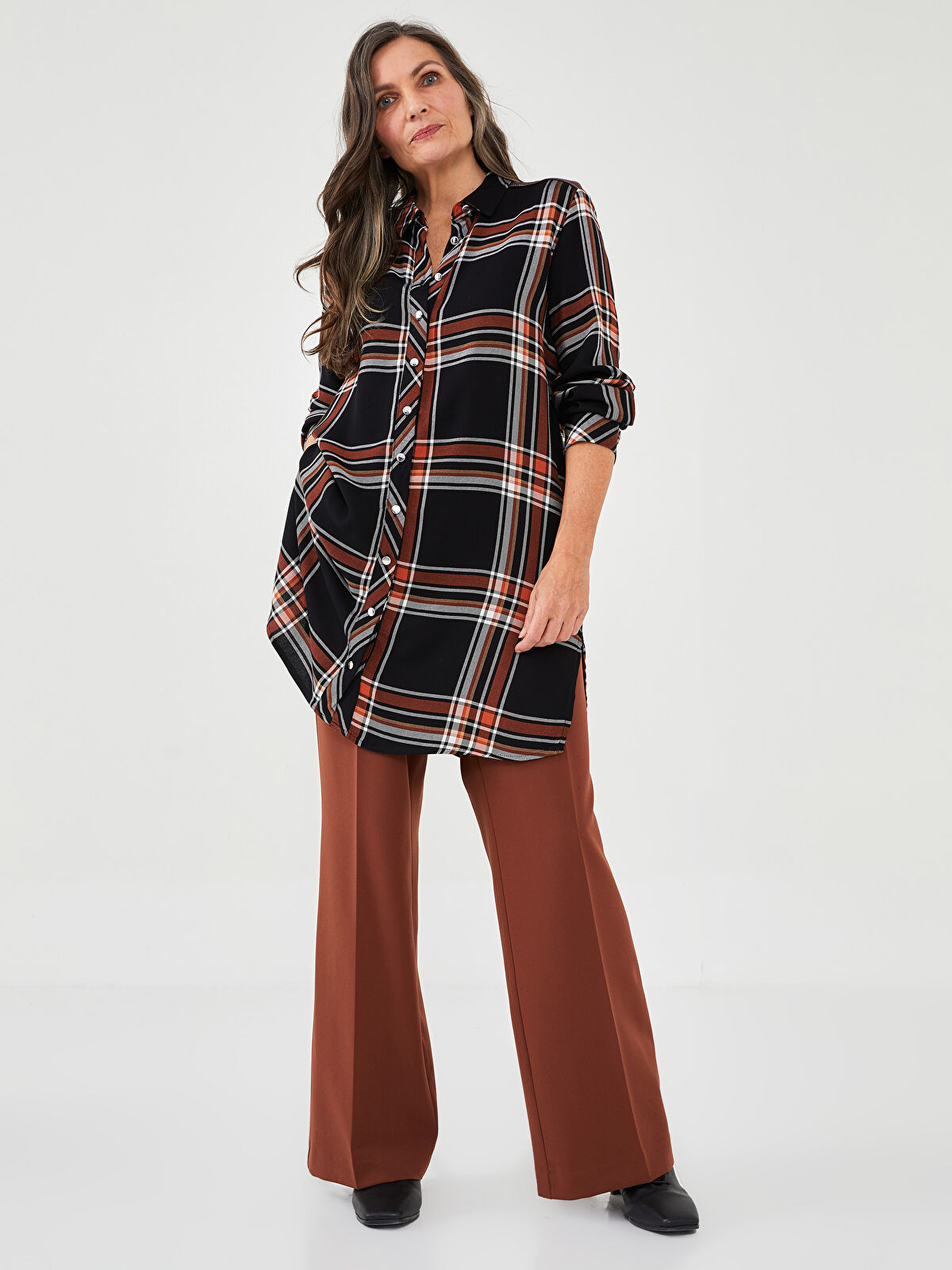 LCW GRACE Gömlek Yaka Ekose Uzun Kollu Gabardin Kadın Tunik