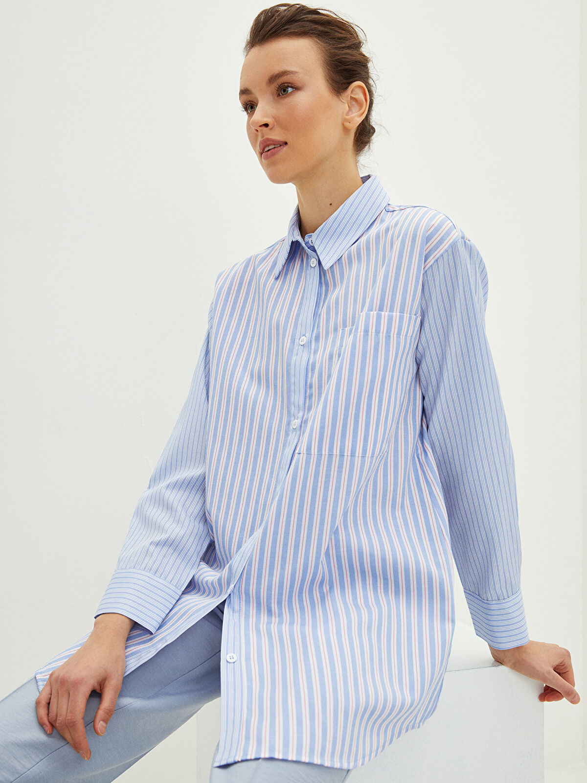 MODEST Gömlek Yaka Çizgili Uzun Kollu Oversize Kadın Tunik