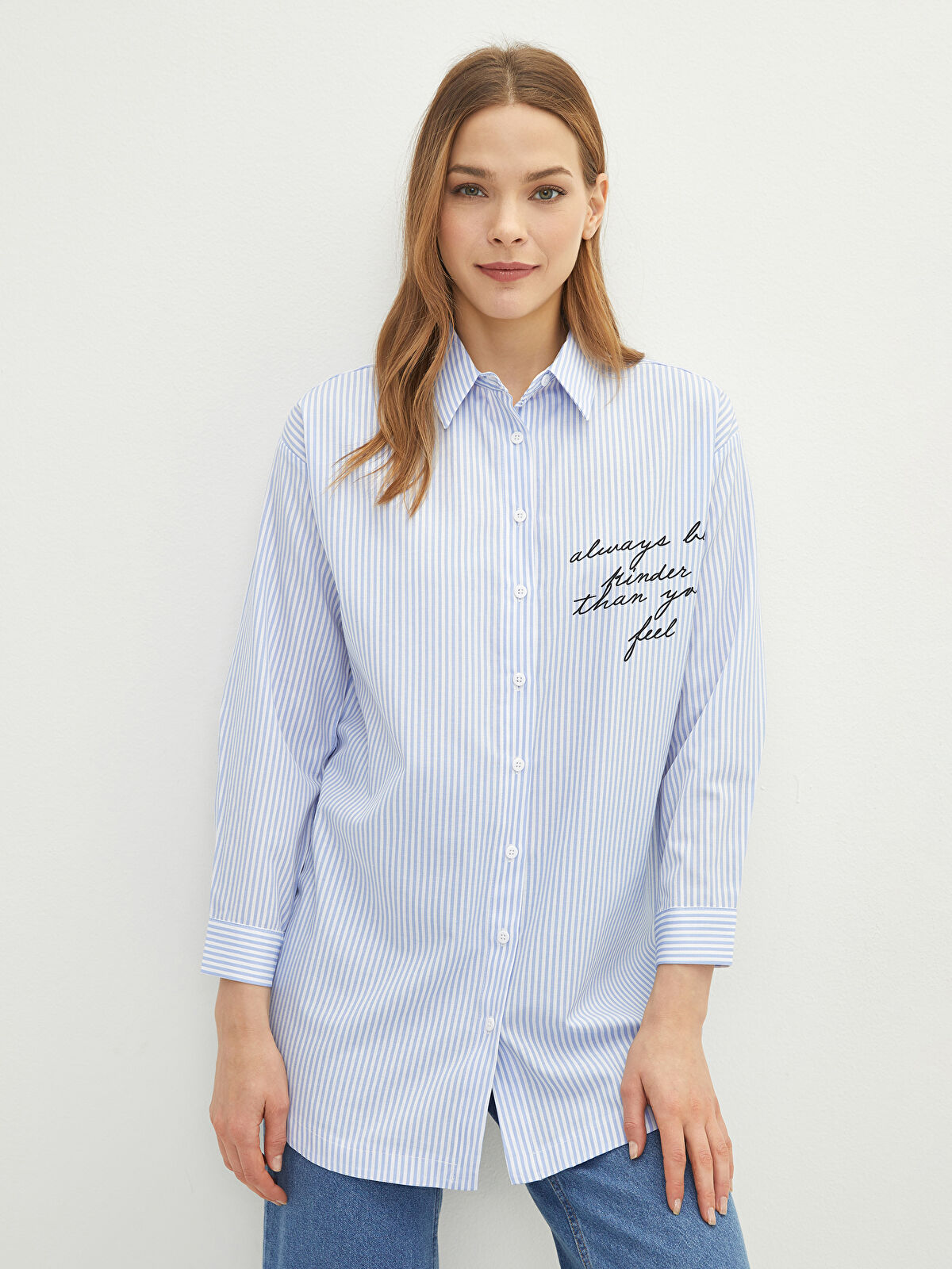 MODEST Gömlek Yaka Çizgili Uzun Kollu Oversize Kadın Tunik