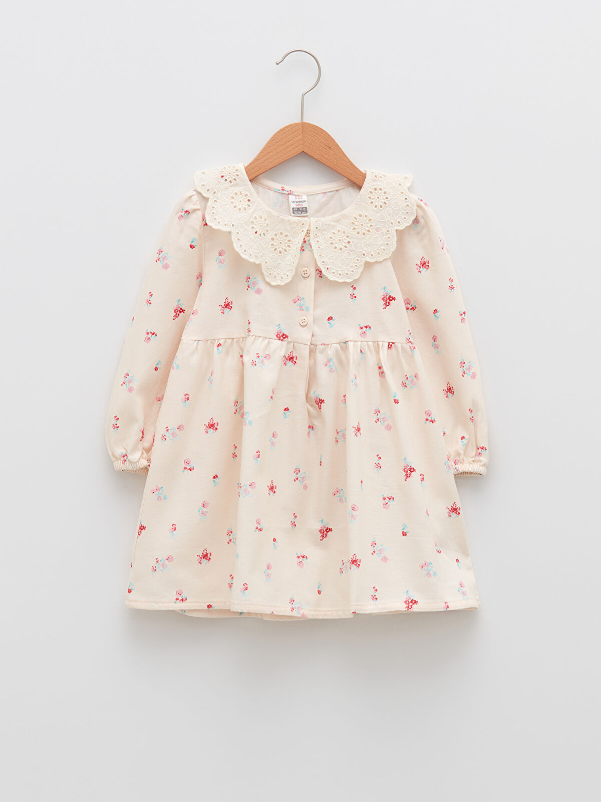 Bebe Yaka Uzun Kollu Baskılı Kız Bebek Elbise