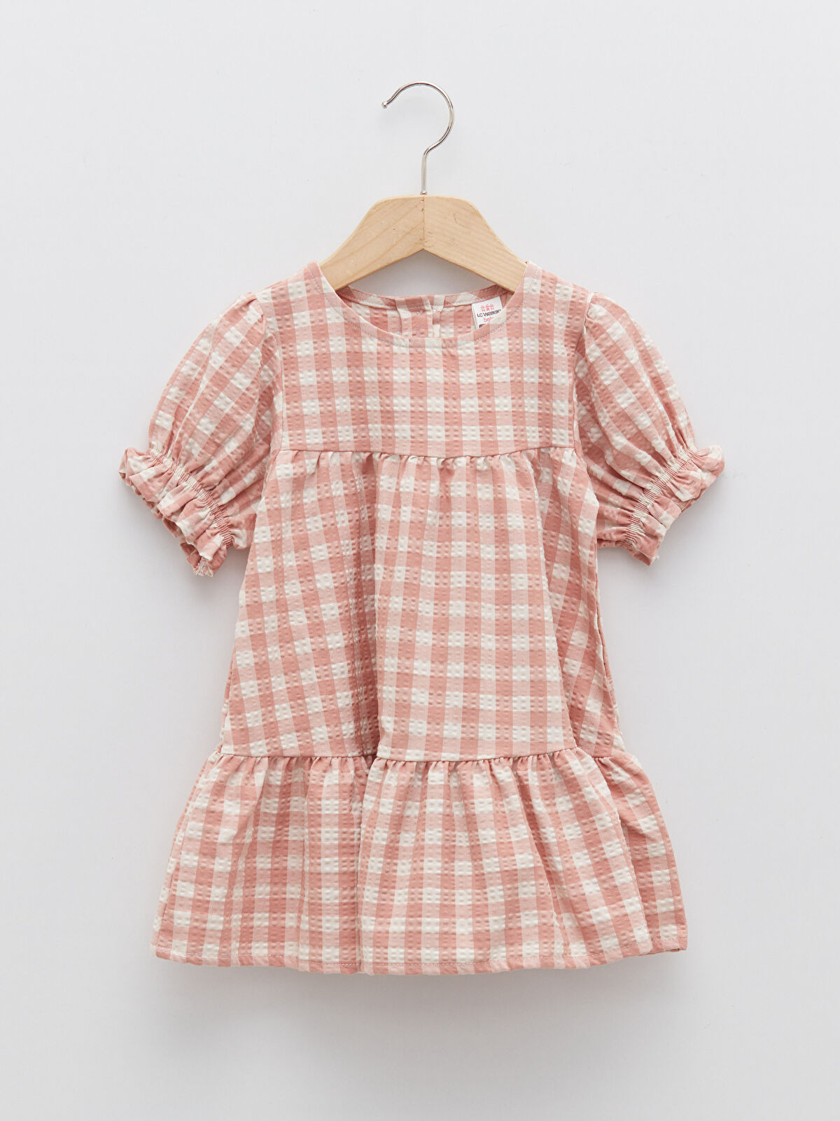 Bisiklet Yaka Kısa Kollu Ekose Desenli Kız Bebek Elbise