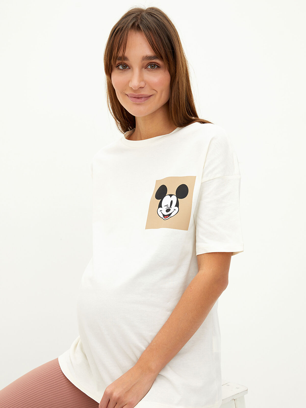 Bisiklet Yaka Mickey Mouse Baskılı Kısa Kollu Pamuklu Hamile Tişört