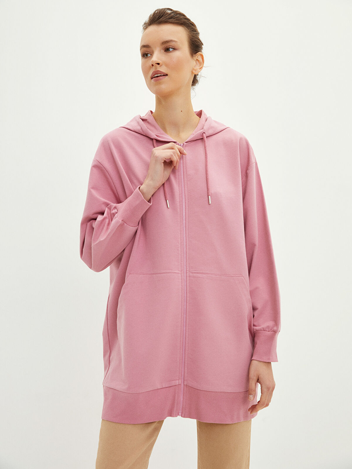 MODEST Kapüşonlu Düz Uzun Kollu Oversize Kadın Spor Hırka