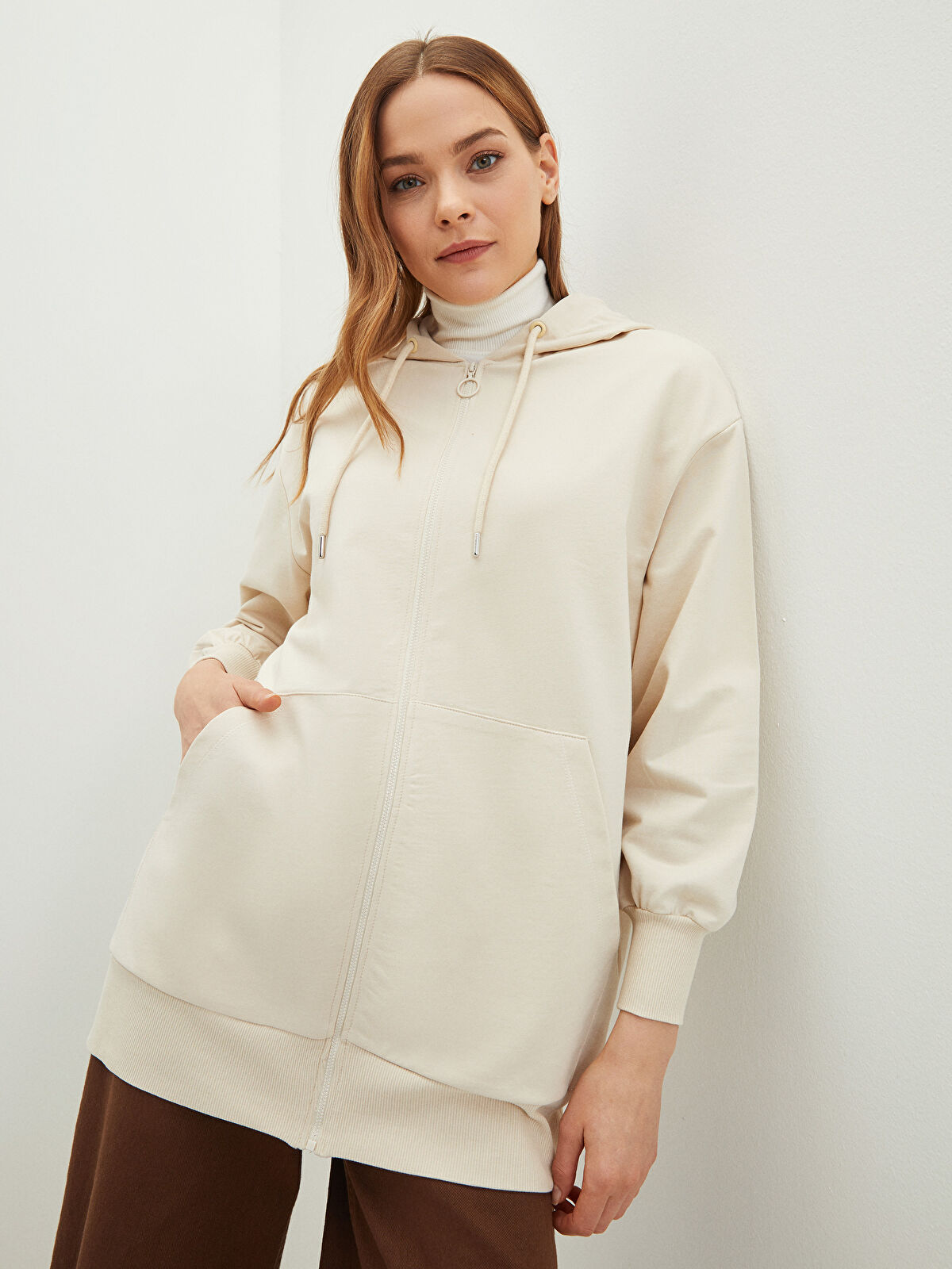 MODEST Kapüşonlu Düz Uzun Kollu Oversize Kadın Spor Hırka