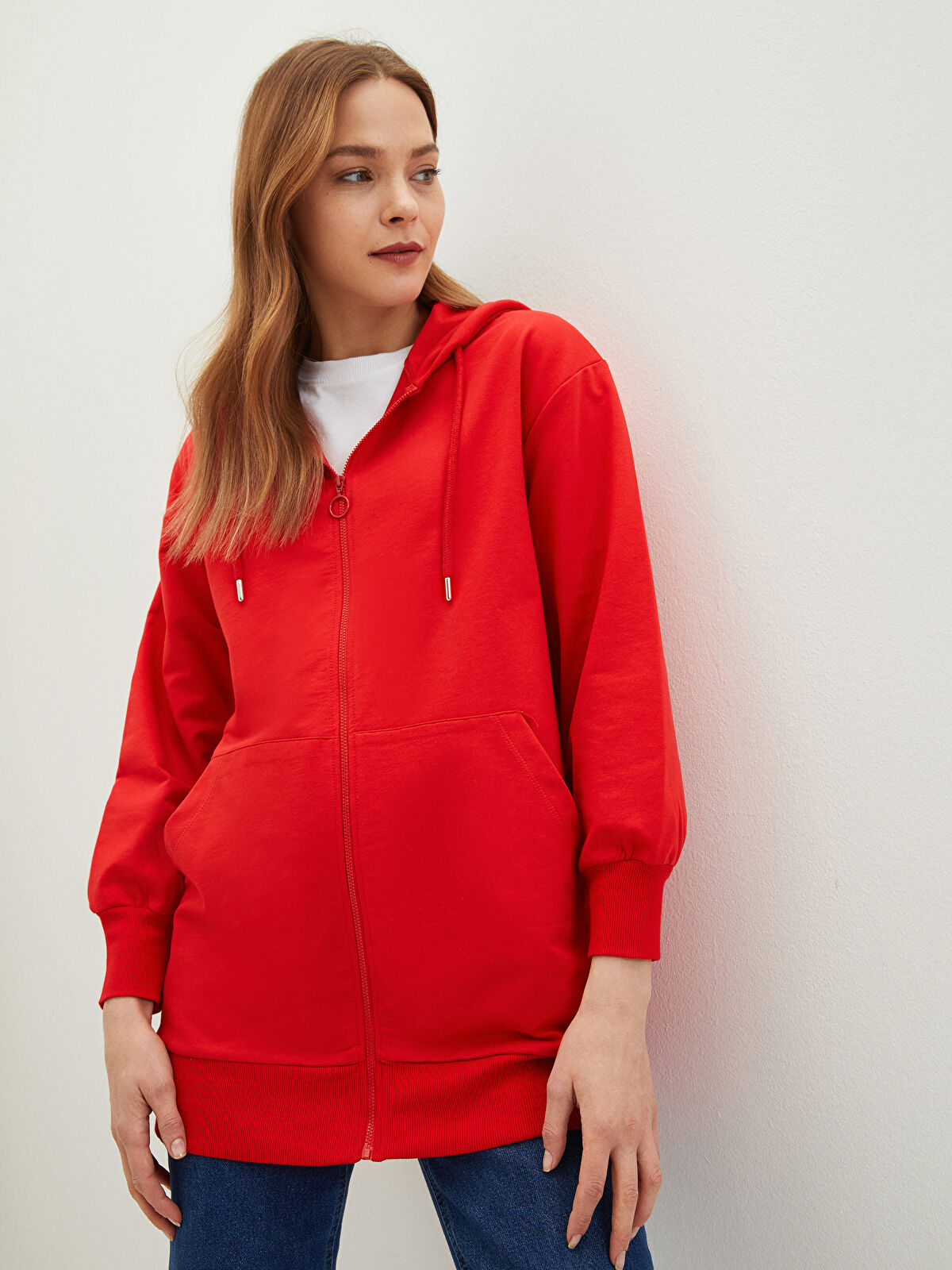 MODEST Kapüşonlu Düz Uzun Kollu Oversize Kadın Spor Hırka