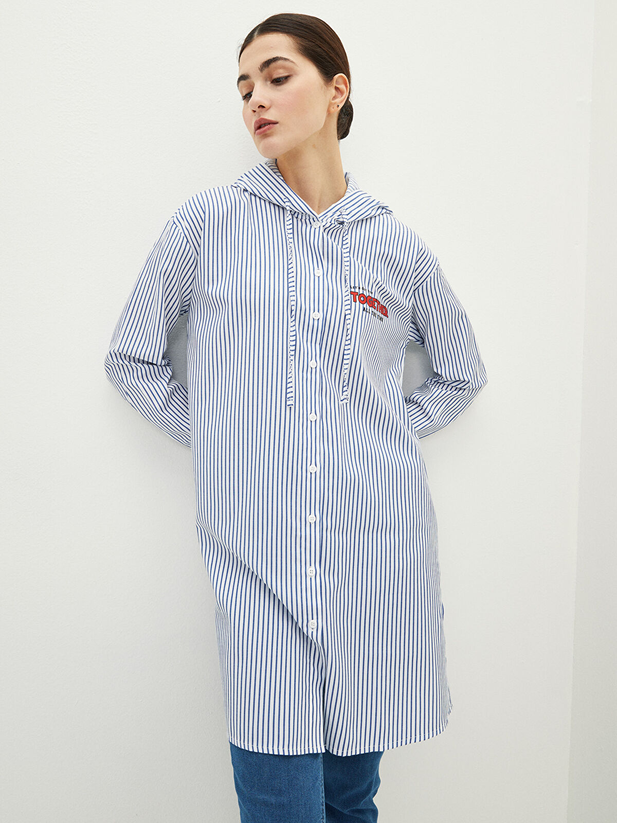 MODEST Kapüşonlu Çizgili Uzun Kollu Oversize Kadın Tunik