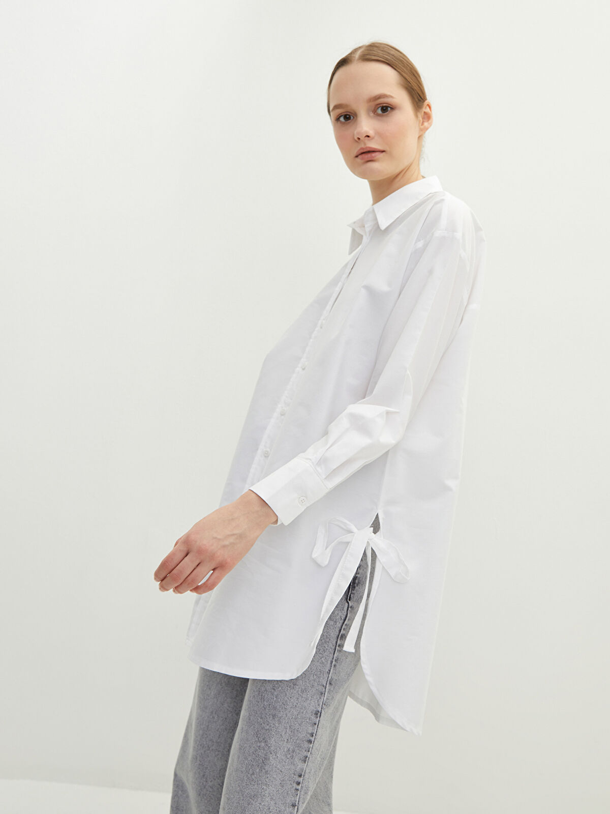 MODEST Gömlek Yaka Düz Uzun Kollu Oversize Poplin Kadın Tunik