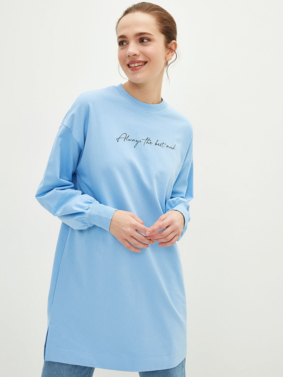 MODEST Bisiklet Yaka Yazı Baskılı Uzun Kollu Oversize Kadın Sweatshirt Tunik