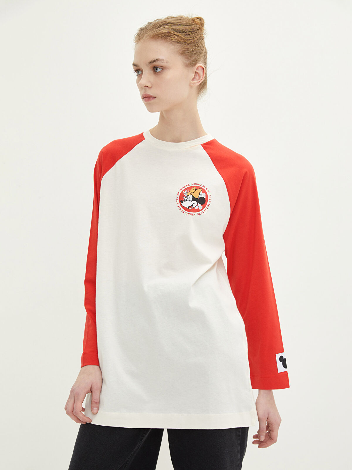 MODEST Bisiklet Yaka Minnie Mouse Baskılı Uzun Kollu Oversize Pamuklu Kadın Sweatshirt Tunik