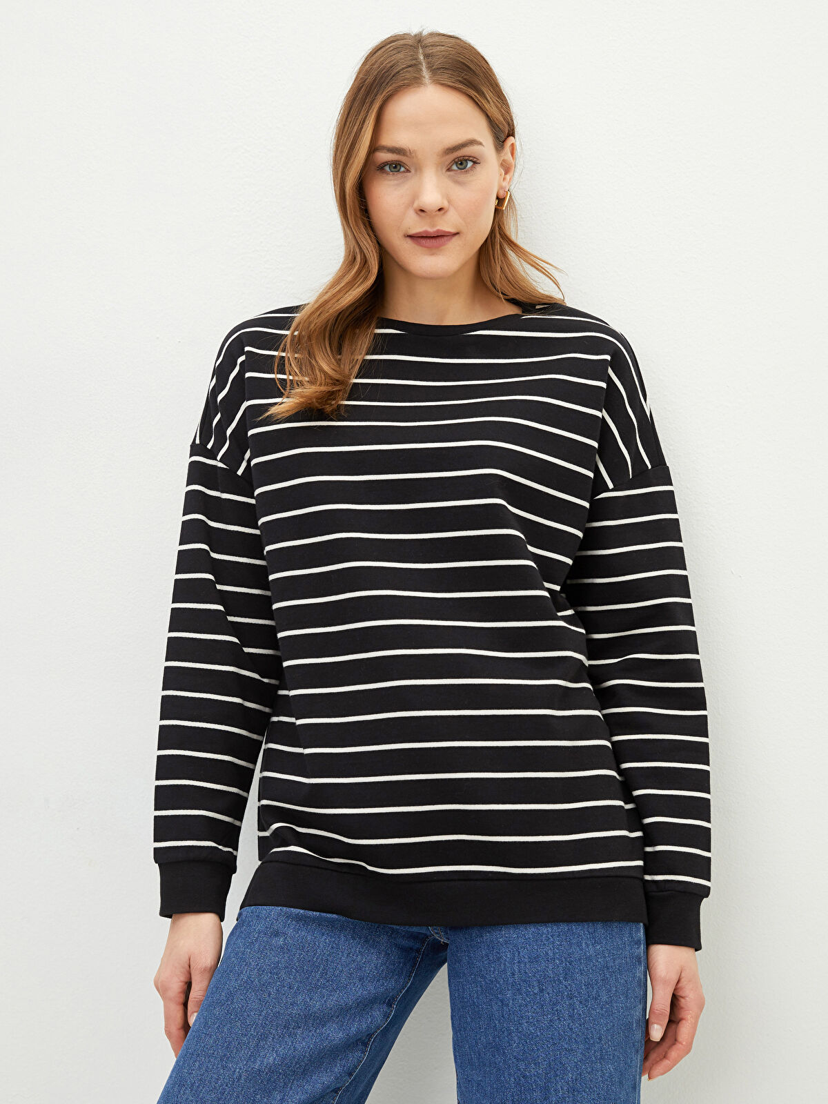 LCW BASIC Bisiklet Yaka Çizgili Uzun Kollu Oversize Kadın Sweatshirt