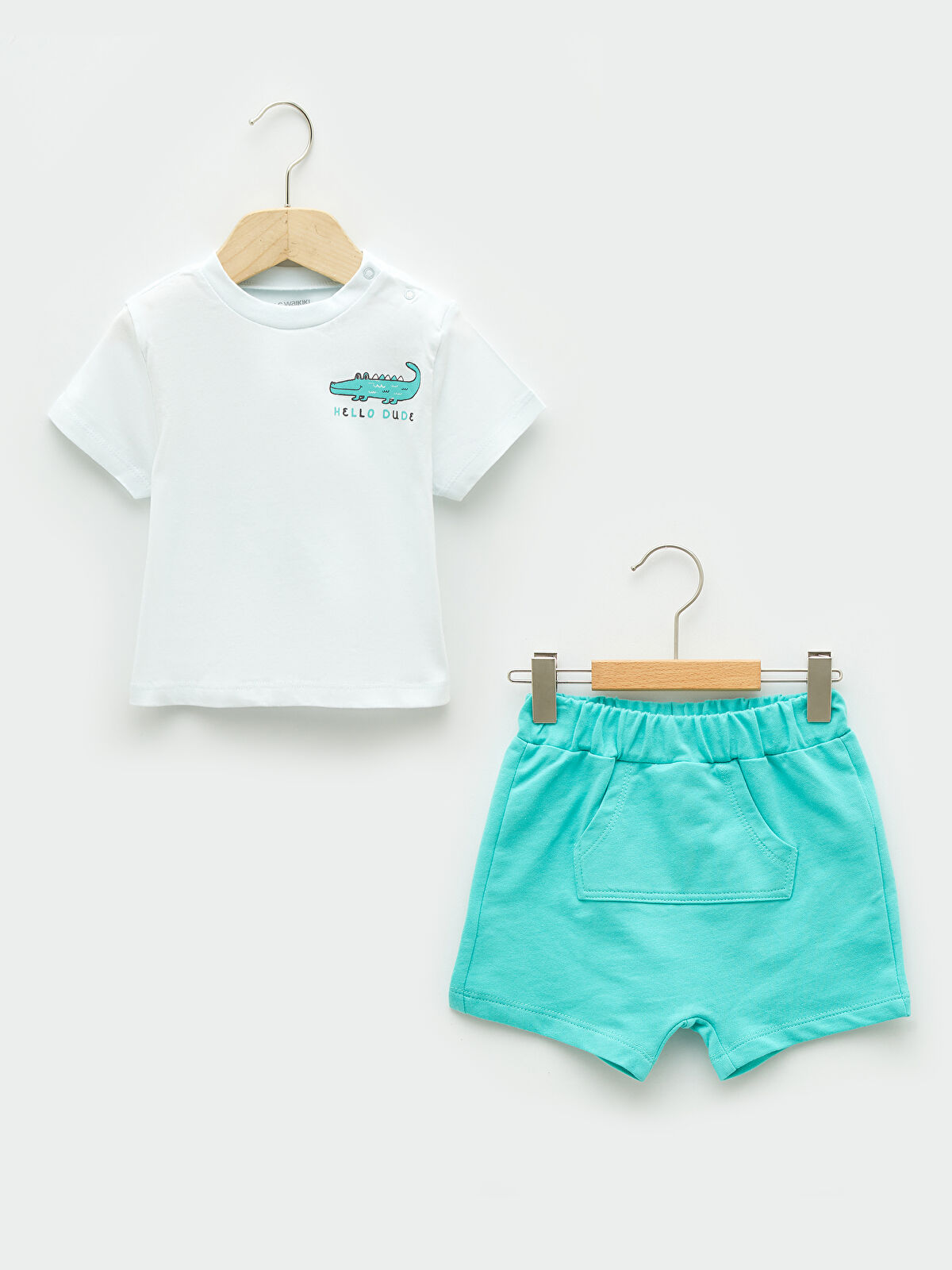 Bisiklet Yaka Uzun Kollu Baskılı Pamuklu Erkek Bebek Tişört ve Şort 2'li Takım