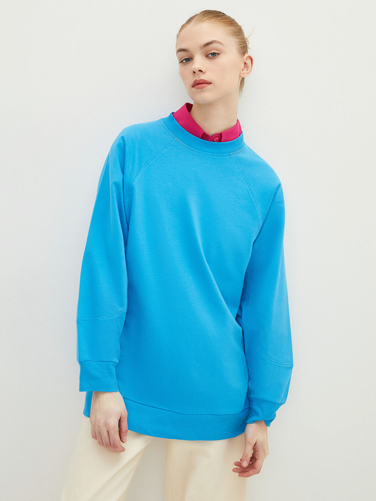 MODEST Bisiklet Yaka Düz Uzun Kollu Oversize Pamuklu Kadın Sweatshirt Tunik