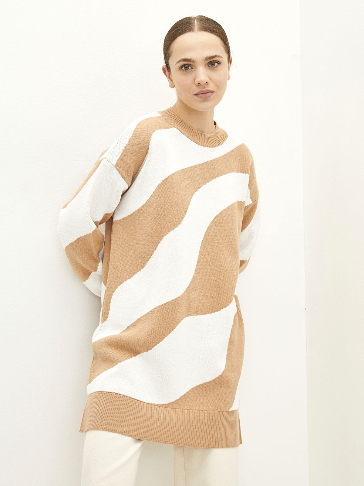 MODEST Bisiklet Yaka Renk Bloklu Uzun Kollu Kadın Triko Tunik