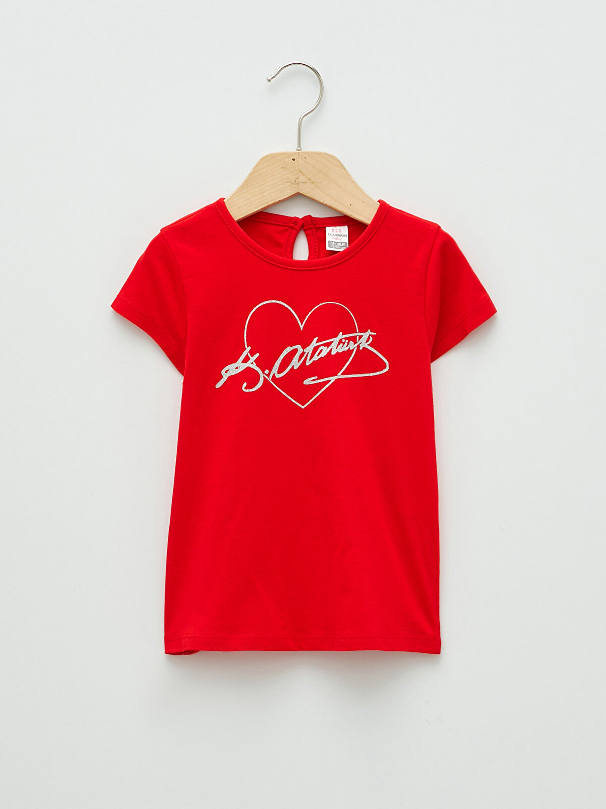 Bisiklet Yaka Kısa Kollu Atatürk İmza Baskılı Pamuklu Kız Bebek Tişört