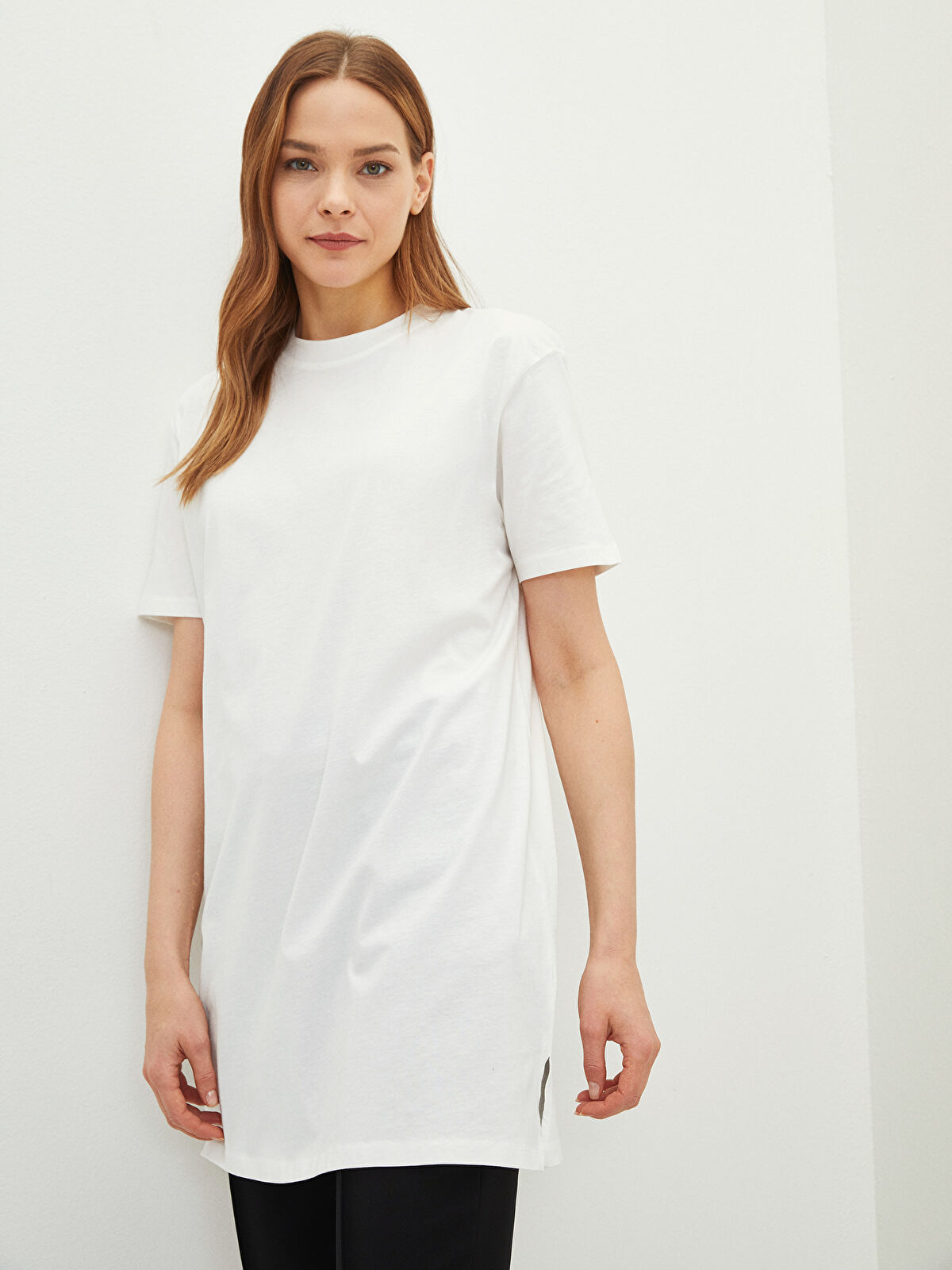 MODEST Bisiklet Yaka Düz Kısa Kollu Oversize Pamuklu Kadın Tunik