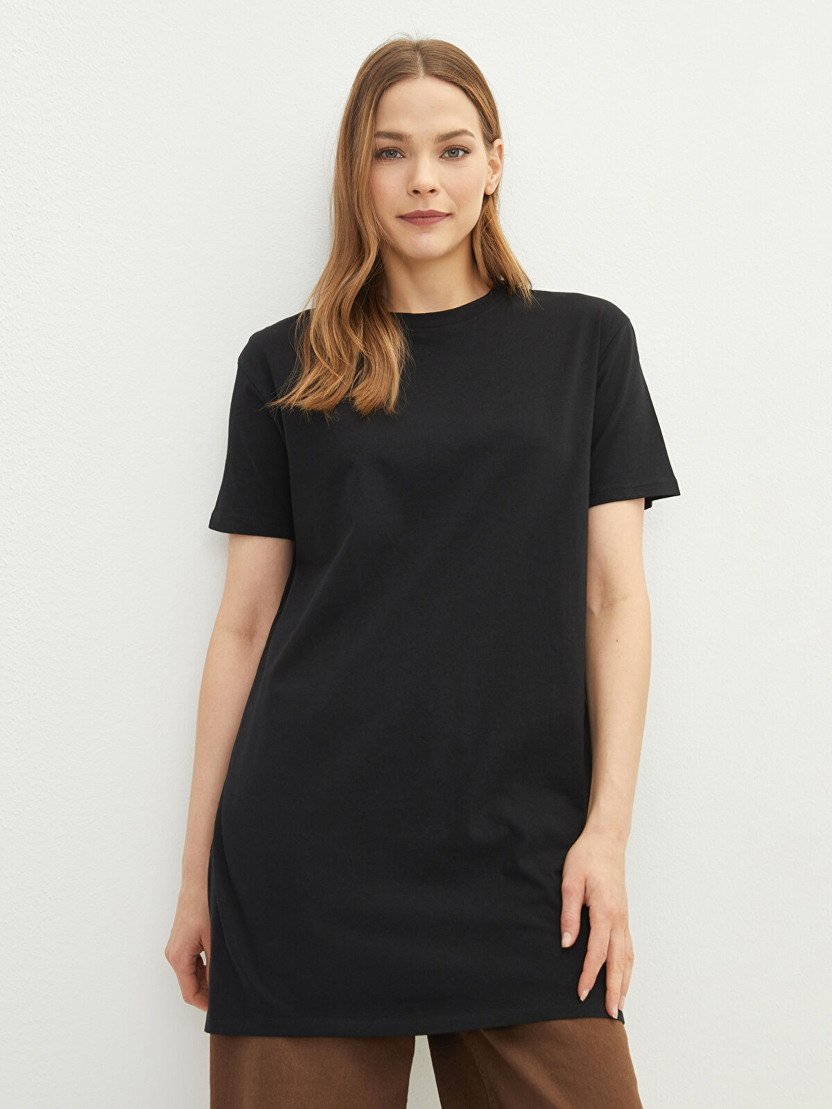 MODEST Bisiklet Yaka Düz Kısa Kollu Oversize Pamuklu Kadın Tunik