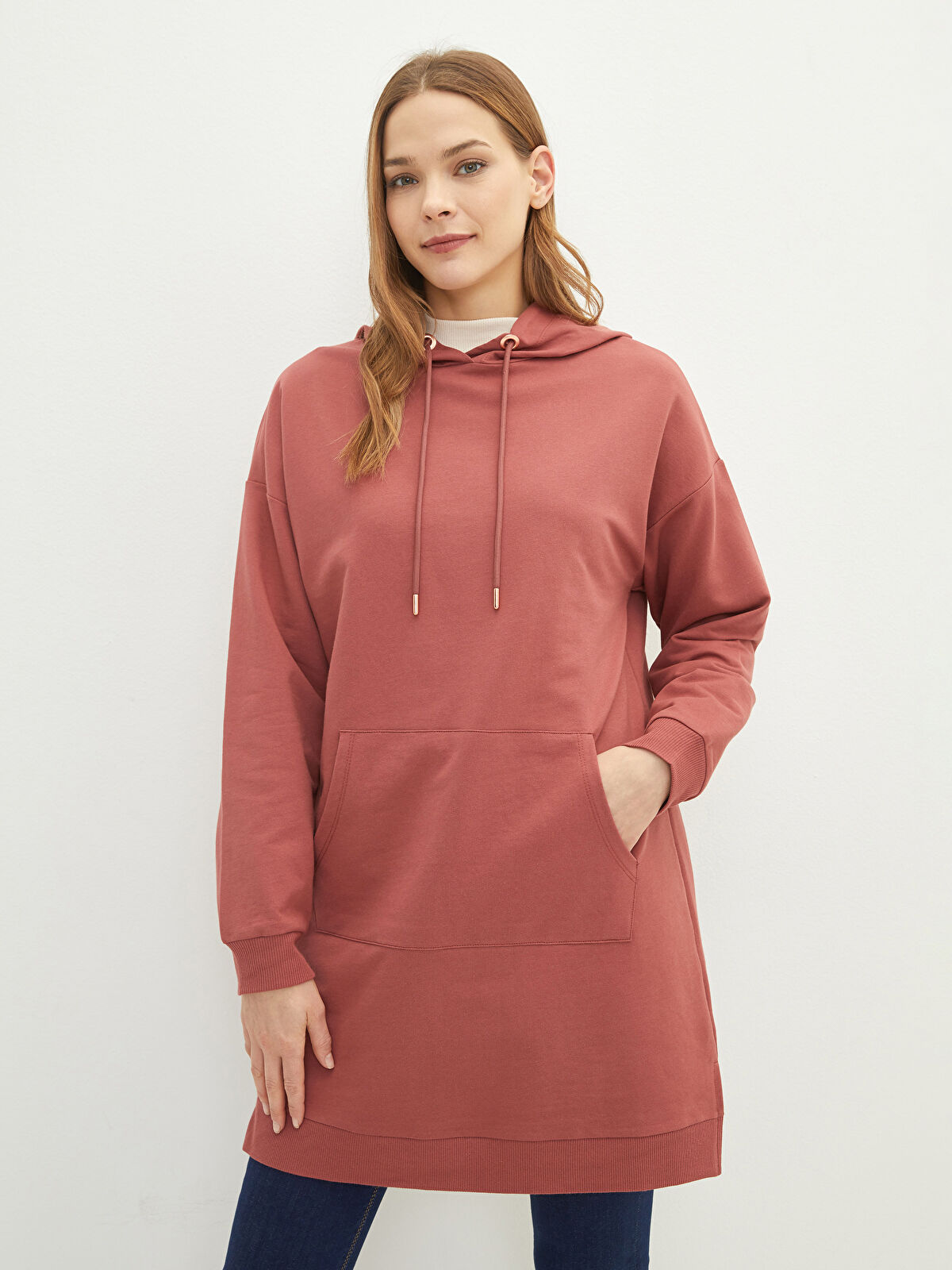 MODEST Kapüşonlu Düz Uzun Kollu Oversize Kadın Sweatshirt Tunik