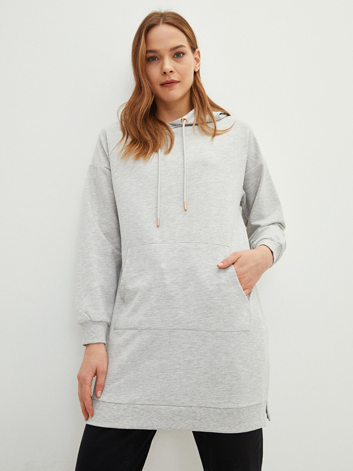 MODEST Kapüşonlu Düz Uzun Kollu Oversize Kadın Sweatshirt Tunik