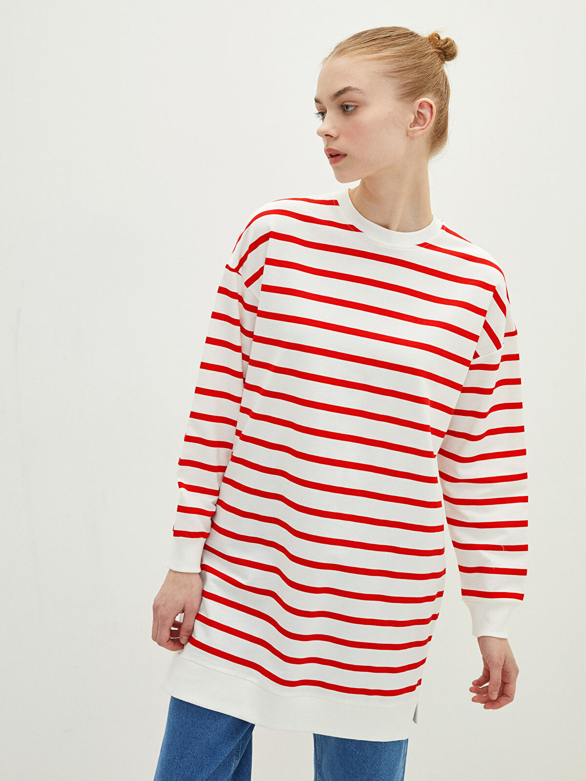 MODEST Bisiklet Yaka Çizgili Uzun Kollu Oversize Pamuklu Kadın Sweatshirt Tunik