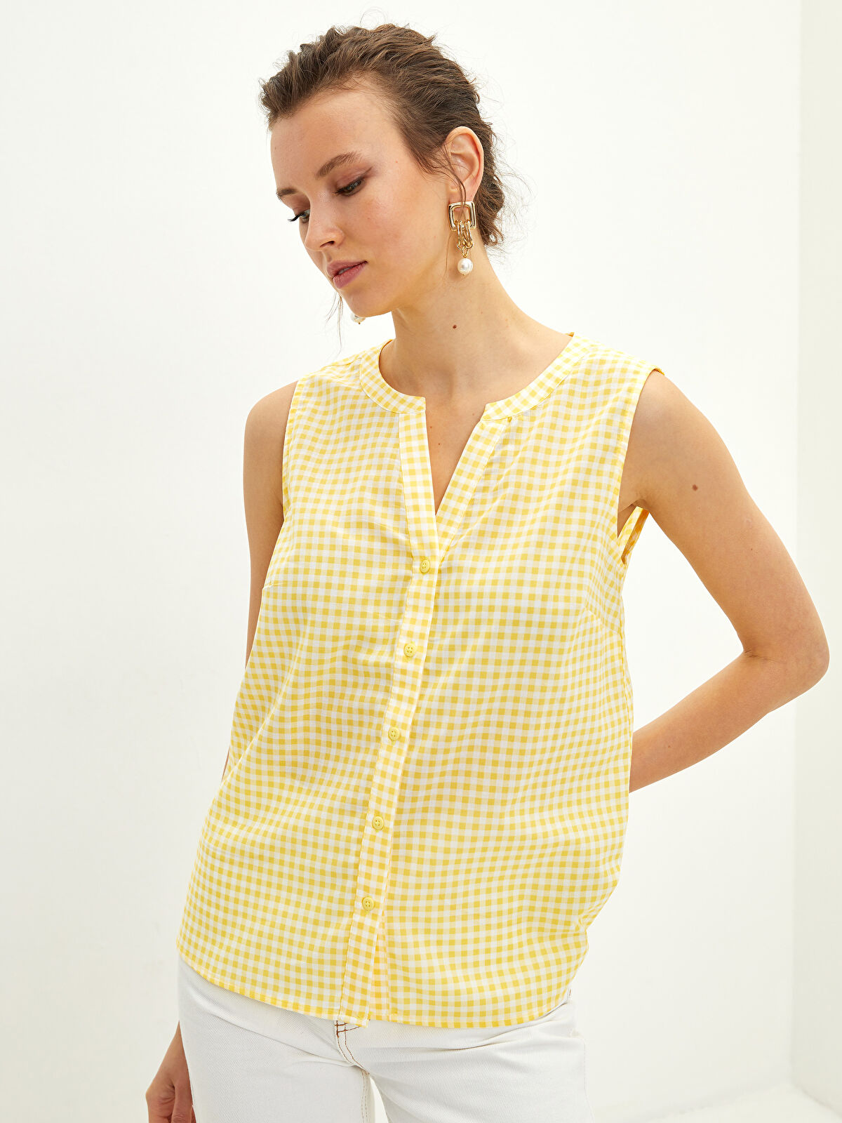 Kaçık Yaka Ekose Kolsuz Poplin Kadın Bluz