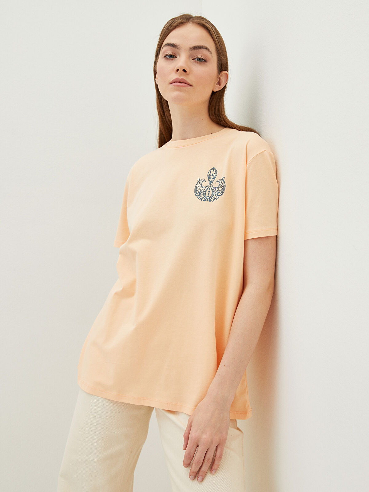 MODEST Bisiklet Yaka Baskılı Kısa Kollu Oversize Pamuklu Kadın Tunik