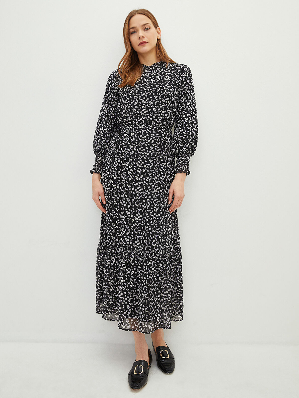 MODEST Fırfırlı Dik Yaka Desenli Uzun Kollu Şifon Kadın Elbise