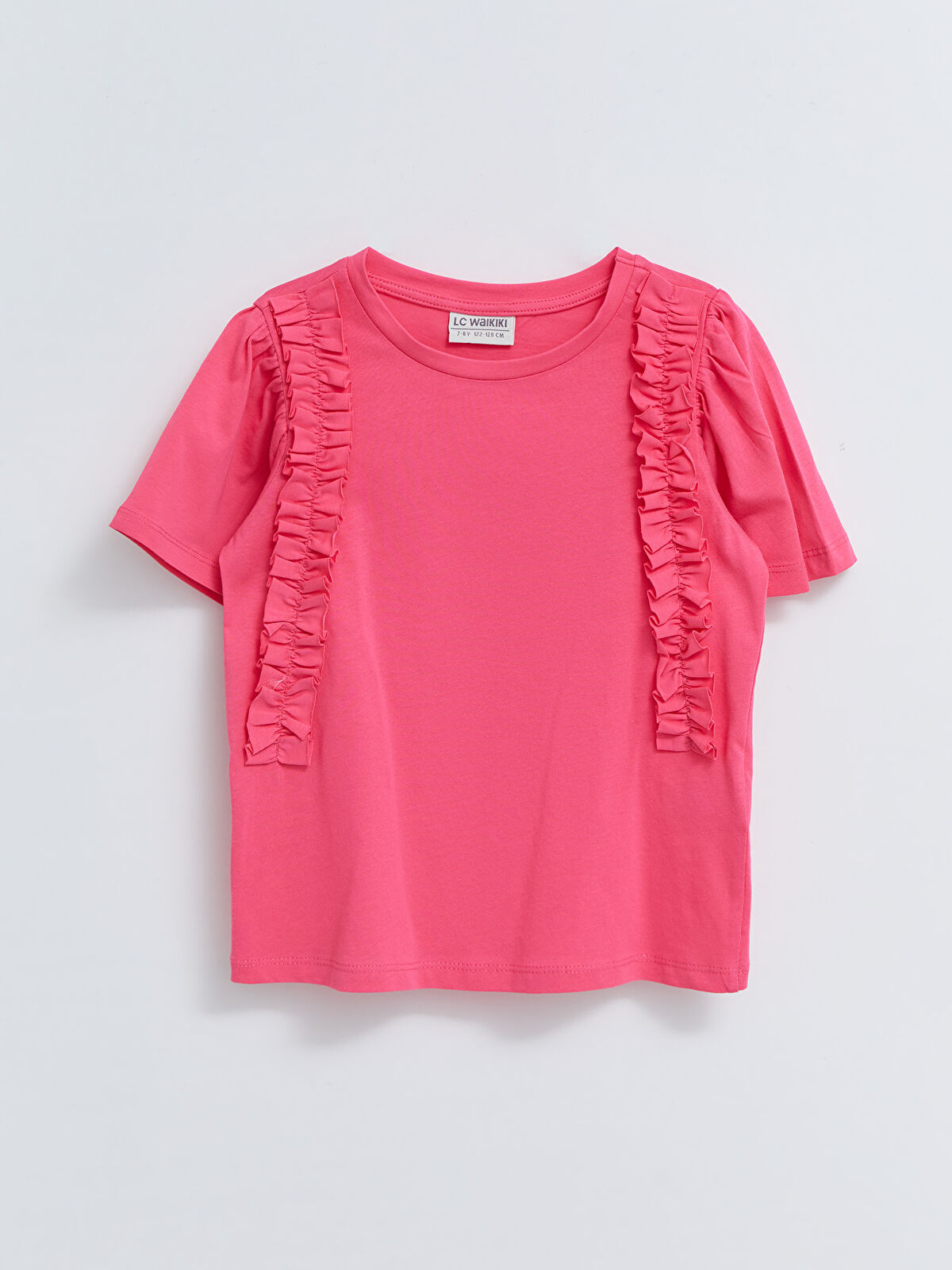 Bisiklet Yaka Basic Fırfır Detaylı Kısa Kollu Pamuklu Kız Çocuk Tişört