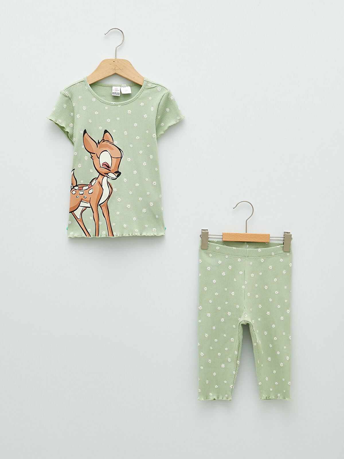 Bisiklet Yaka Kısa Kollu Bambi Baskılı Pamuklu Kız Bebek Tişört ve Şort 2'li Takım