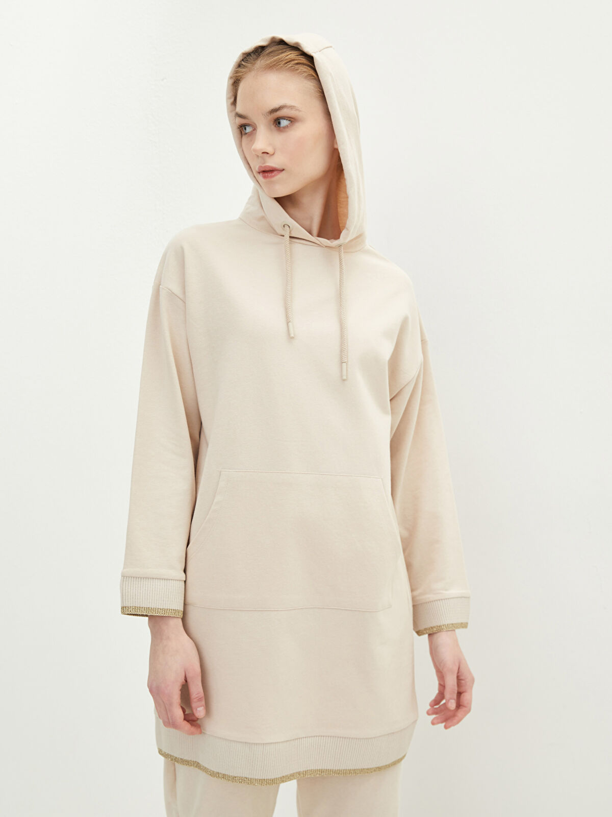 MODEST Kapüşonlu Düz Uzun Kollu Oversize Kadın Sweatshirt Tunik